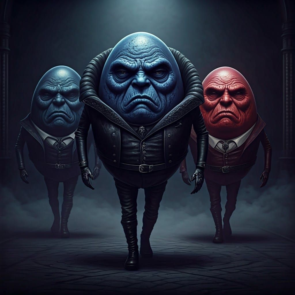 Gothic Egg Fashionistas in Dark, Iridescent Attire - AI Art