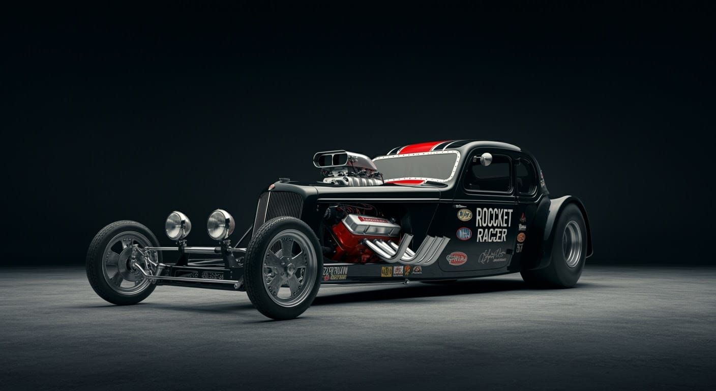 Retro-Futuristic Dragster Rocket Racer in Photorea... - AI Art