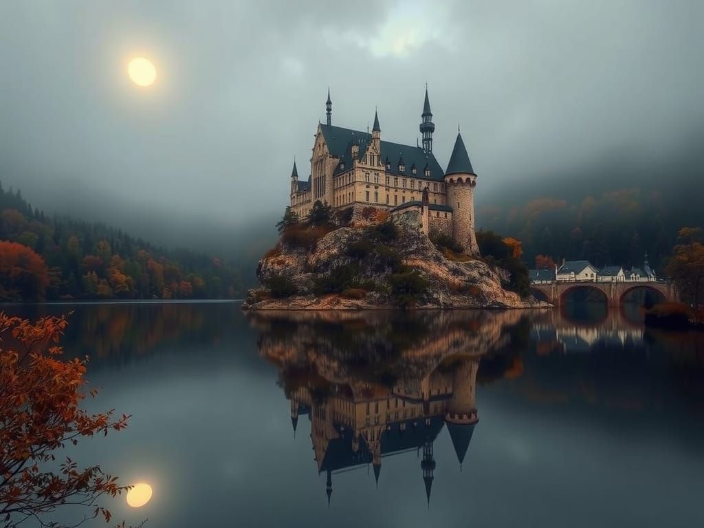 A modest, Gothic castle by the lake.