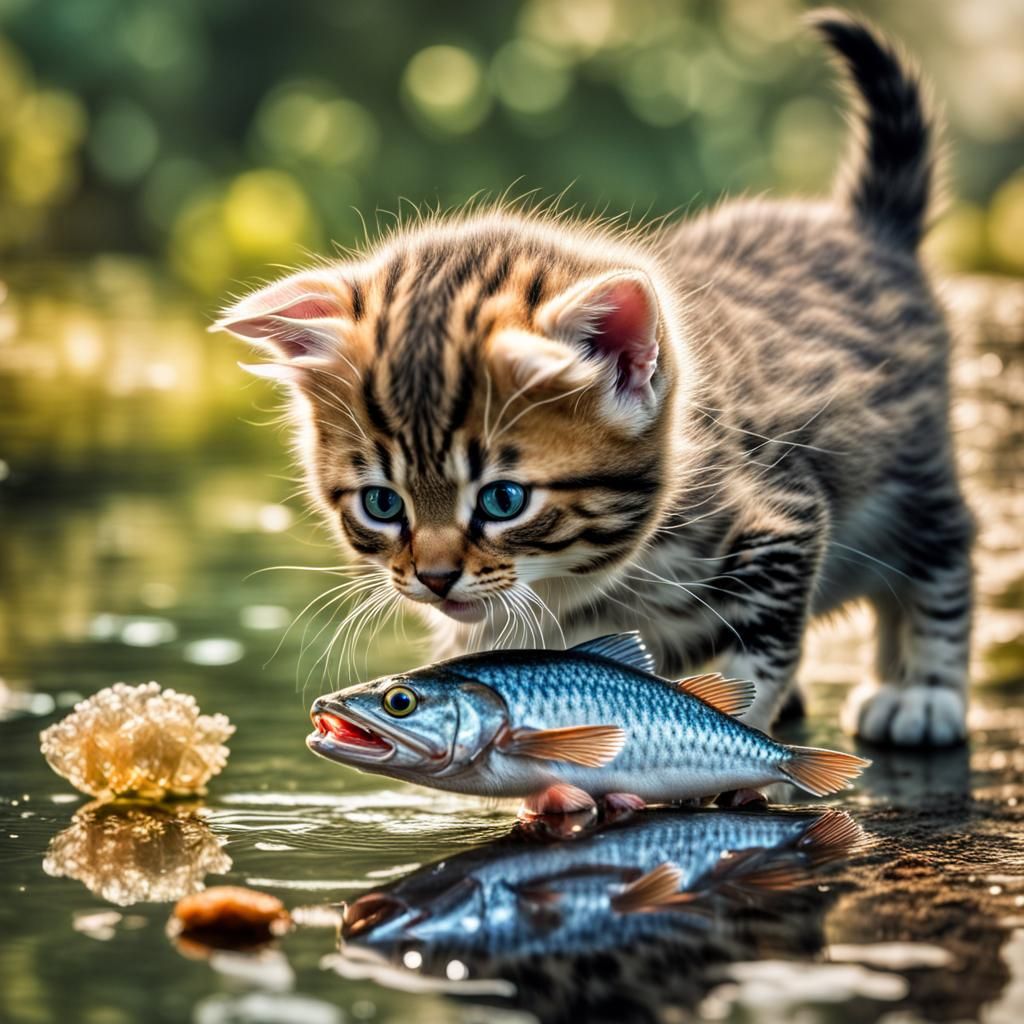 An adorable kitten carrying a fish in it's mouth, cute, frisky, happy ...