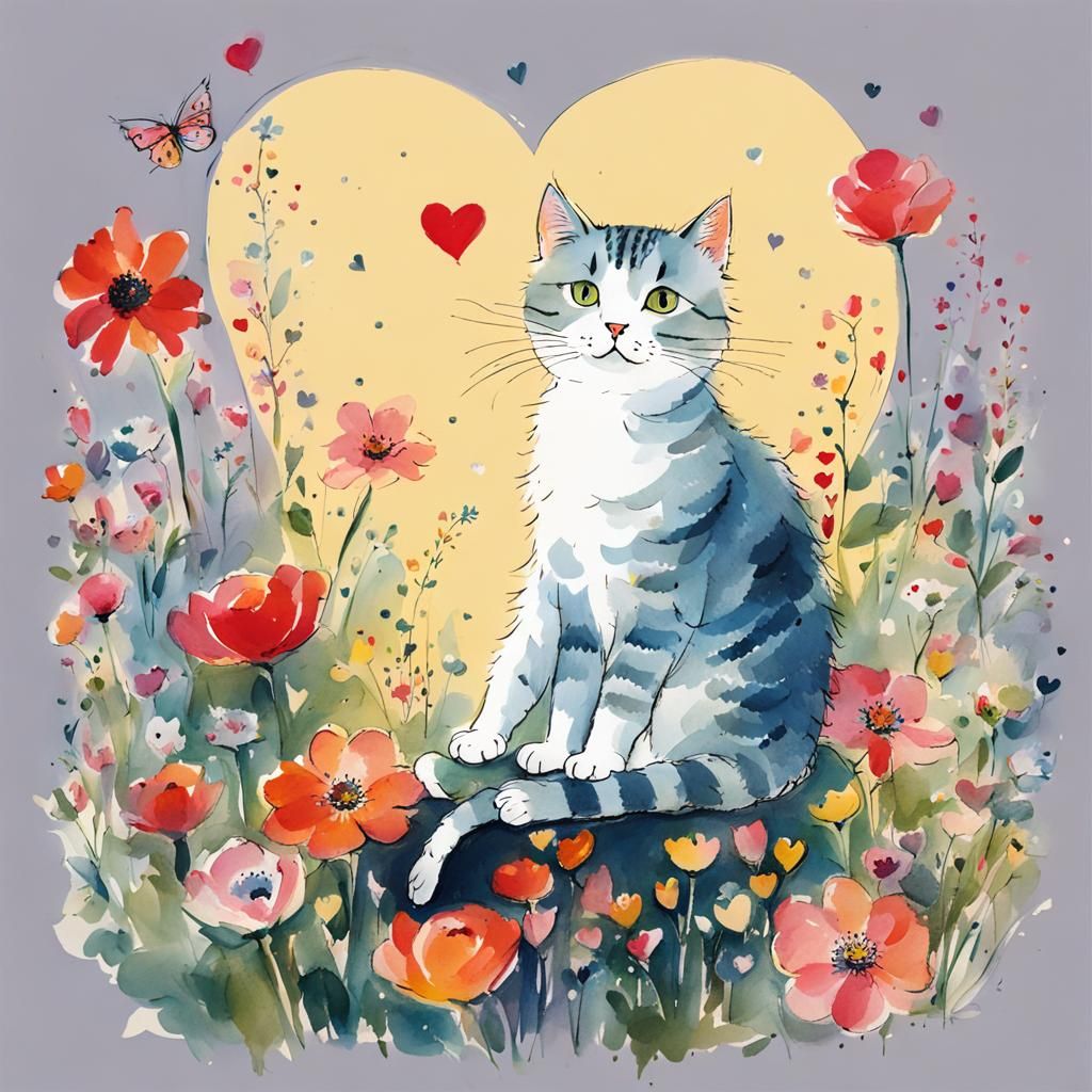 Quentin Blake - Cute Cat Surrounded by Flowers in Whimsical ...