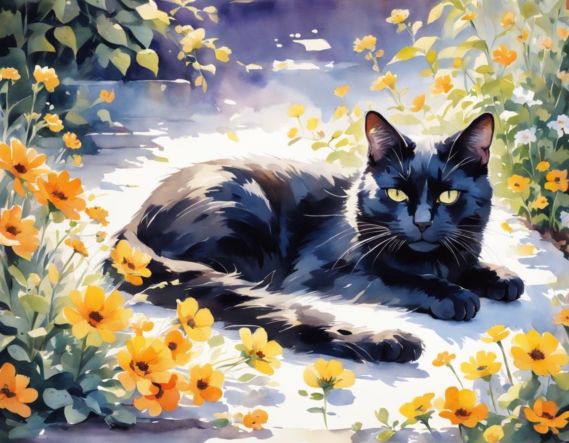 Vibrant Watercolor Portrait of a Happy Black Cat i... - AI Art