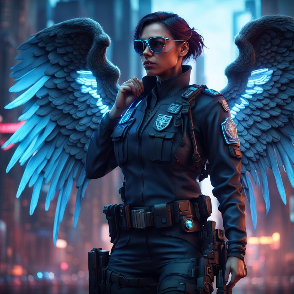 Cyberpunk, beautiful female angel police officer with wings, neon blue ...