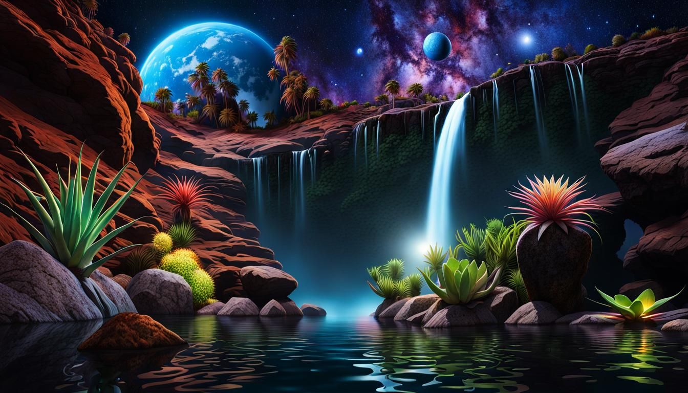 Beautiful swimming hole on An Alien Planet with cliffside waterfall ...