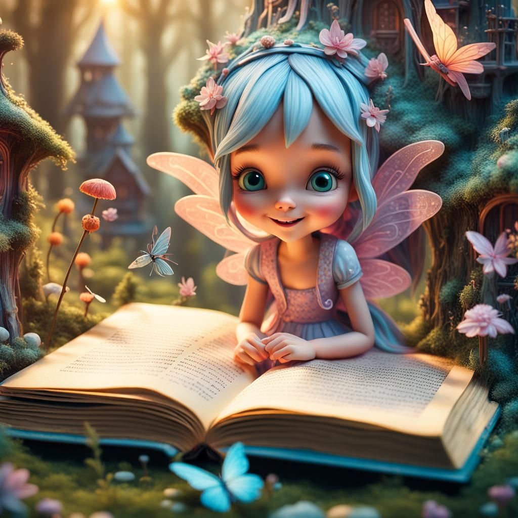 an adorable young smiling fairy in a wonderful magic pop-up fairy ...