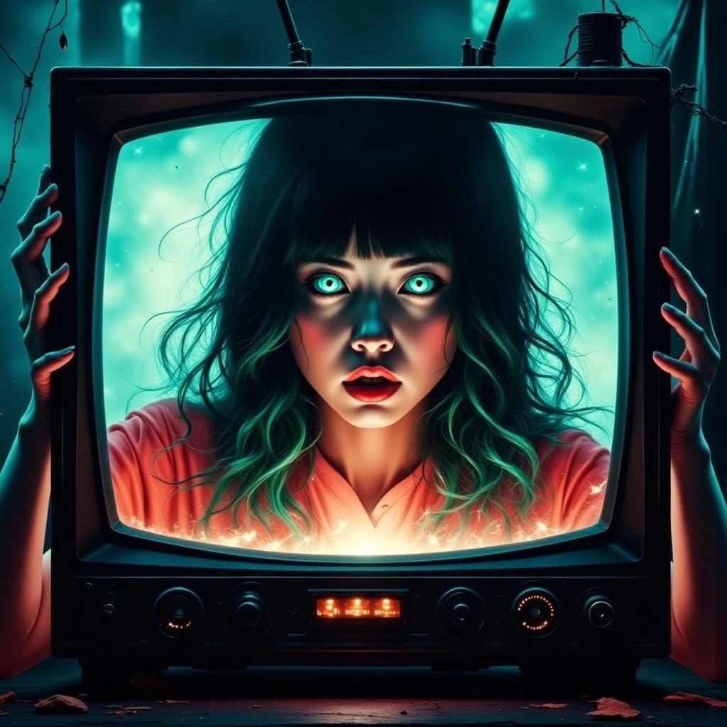 Surreal Scene of TV Trance in Neon-Drenched Dystop... - AI Art