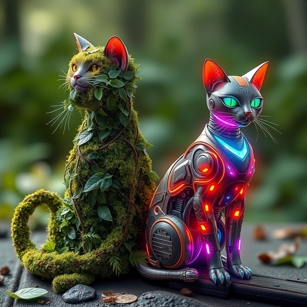 The forest and Technology Cats - Mystical Feline Convergence...