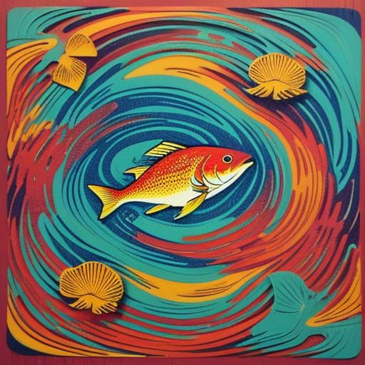 Woodblock fish painting. - Woodblock fish painting.