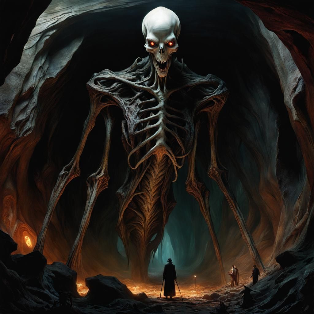 Sinister Lovecraftian Horror, lanky, emaciated humanoid, mottled white ...