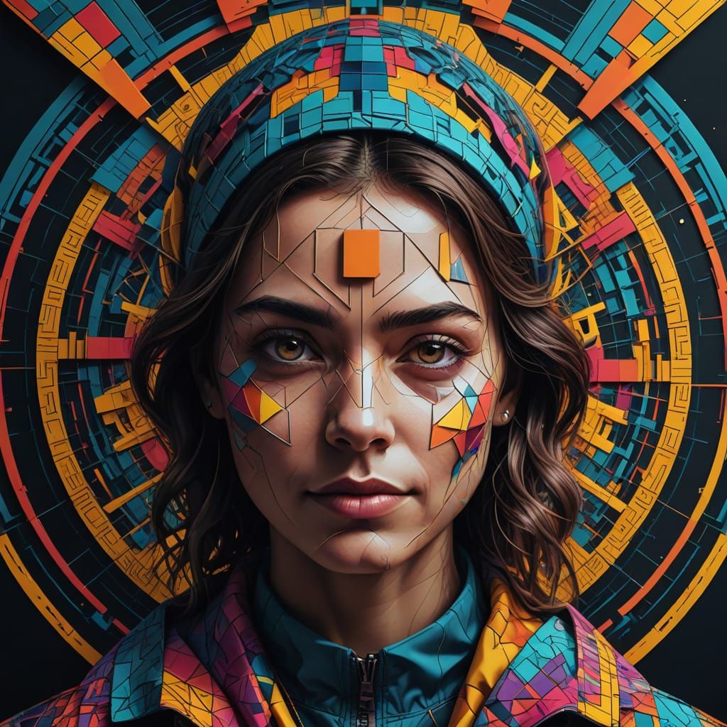 Vibrant Smiling Portrait in Triadic Colors and Geo... - AI Art