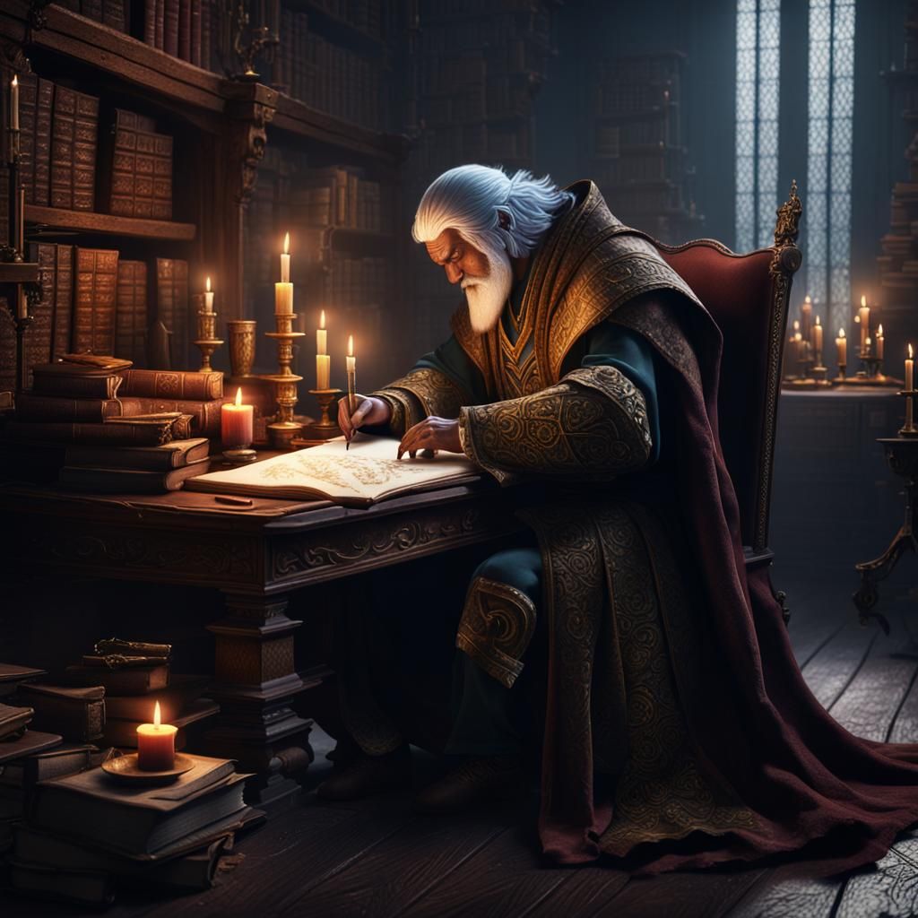 humanoid with robe and wig in year 1400 sits at writing desk, candles ...