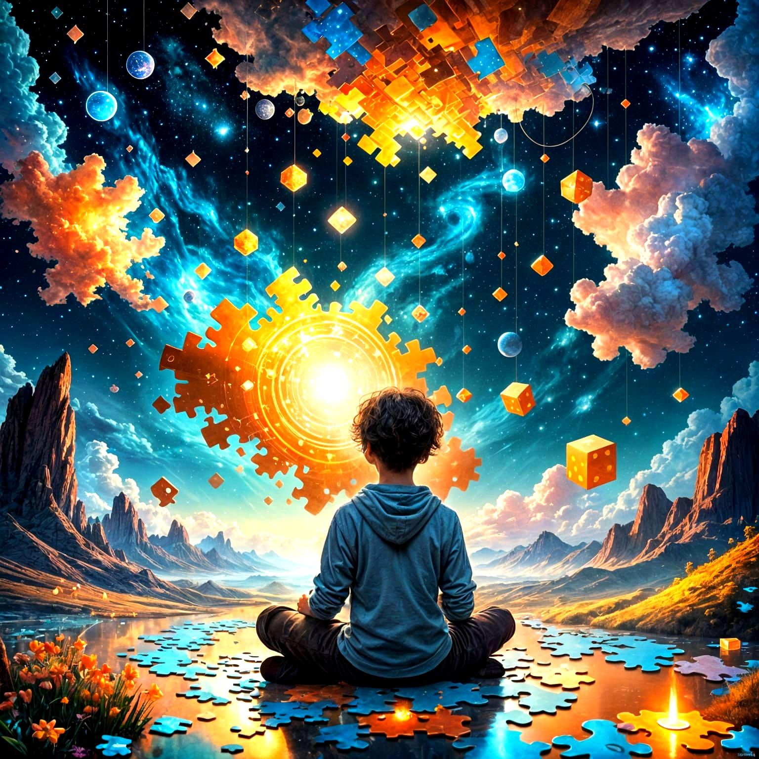 Young Boy in Cosmic Dreamscape with Floating Puzzl... - AI Art
