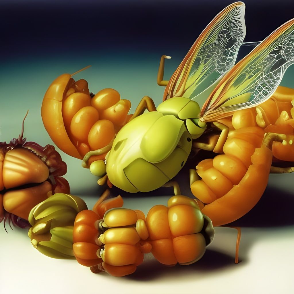 Exotic almost translucent insects on the table, cut in halves, juicy ...