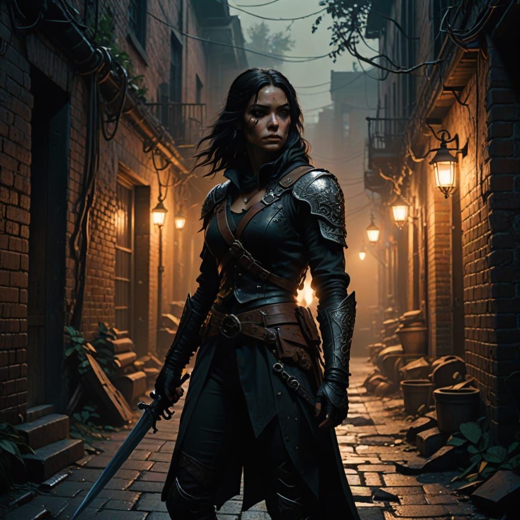 Dark Fantasy Assassin in Warmly Lit Alleyway - AI Art