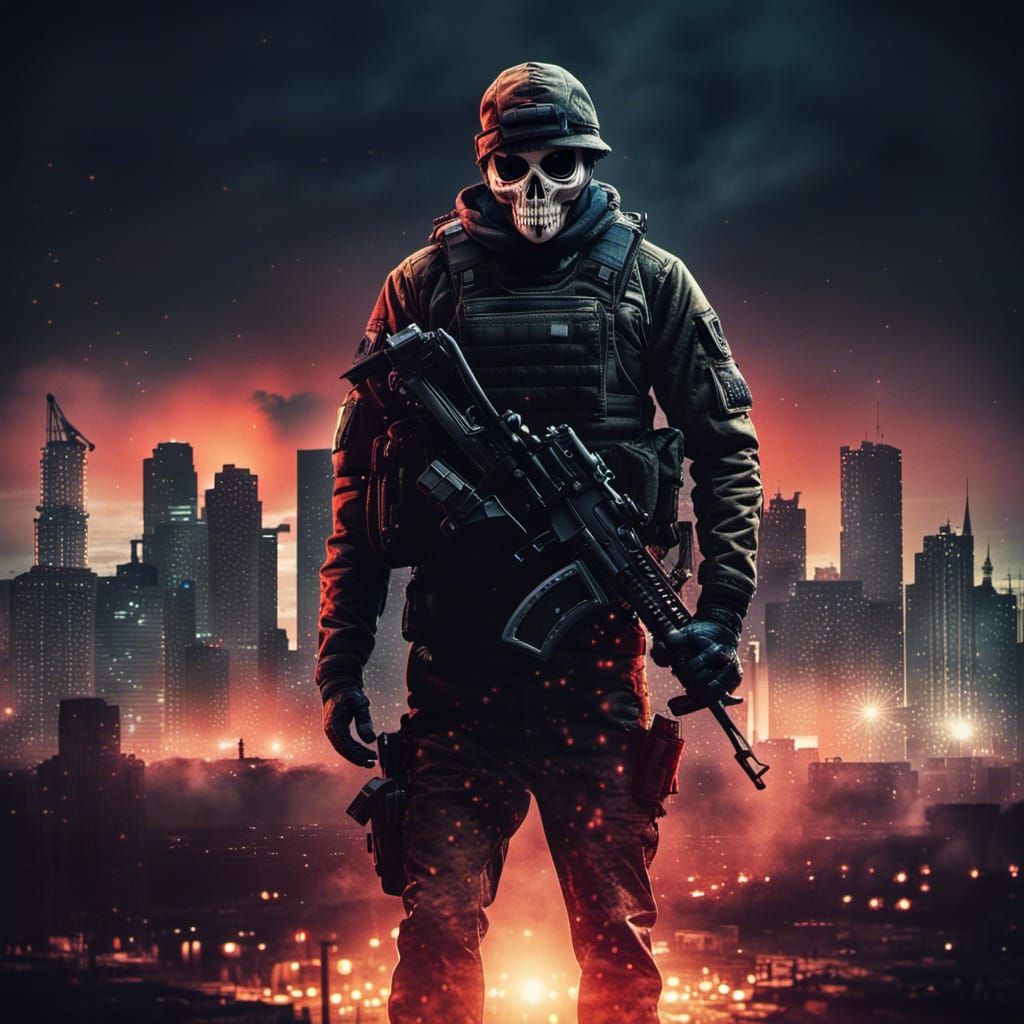 special forces soldier. face covered with an evil skull mask. at night ...
