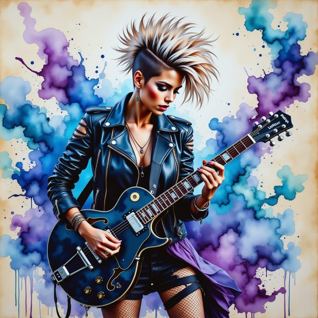 Punk Guitar - Cyberpunk Guitarist in Watercolor