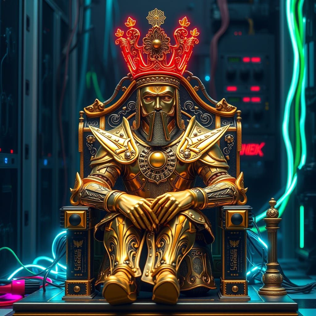 Cyberpunk Chess King on Circuit Board Throne - AI Art