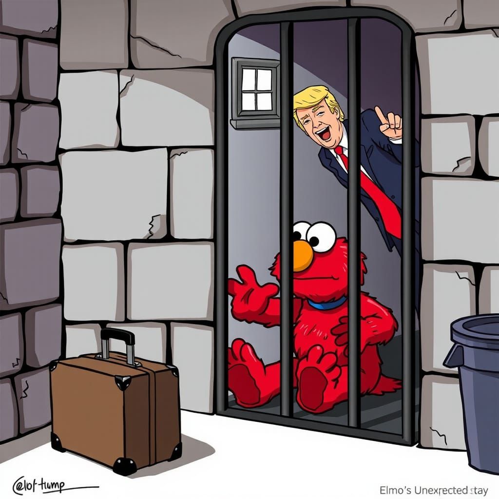 Elmo Behind Bars in a Hilarious Satirical Scene - AI Art