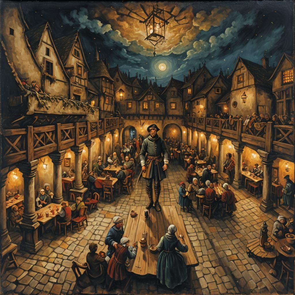 medieval tavern-style cafe at night with patrons in period attire ...