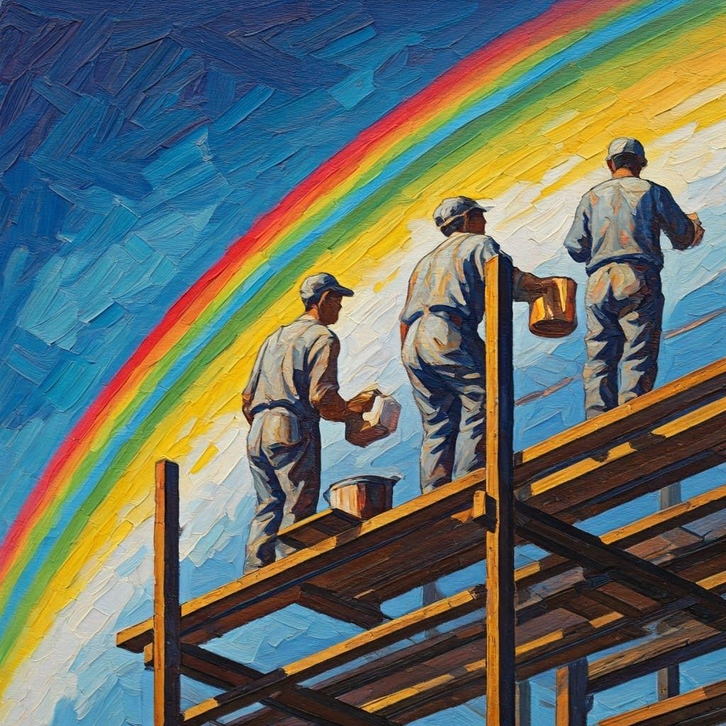 (Workers on very high scales painting a rainbow in the sky: 1.5), neo ...