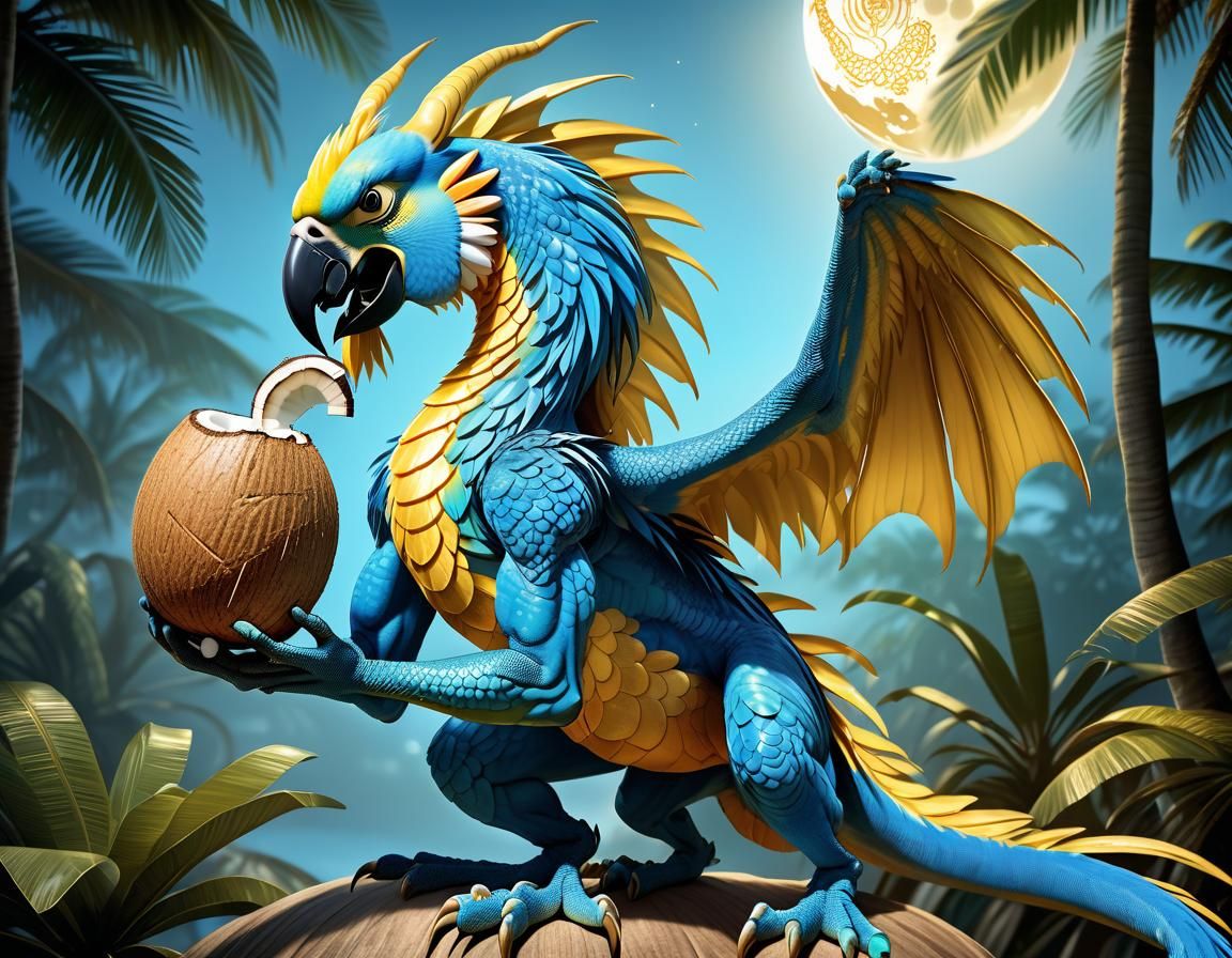 Blue and gold macaw dragon. anthropomorphic transformation standing in ...