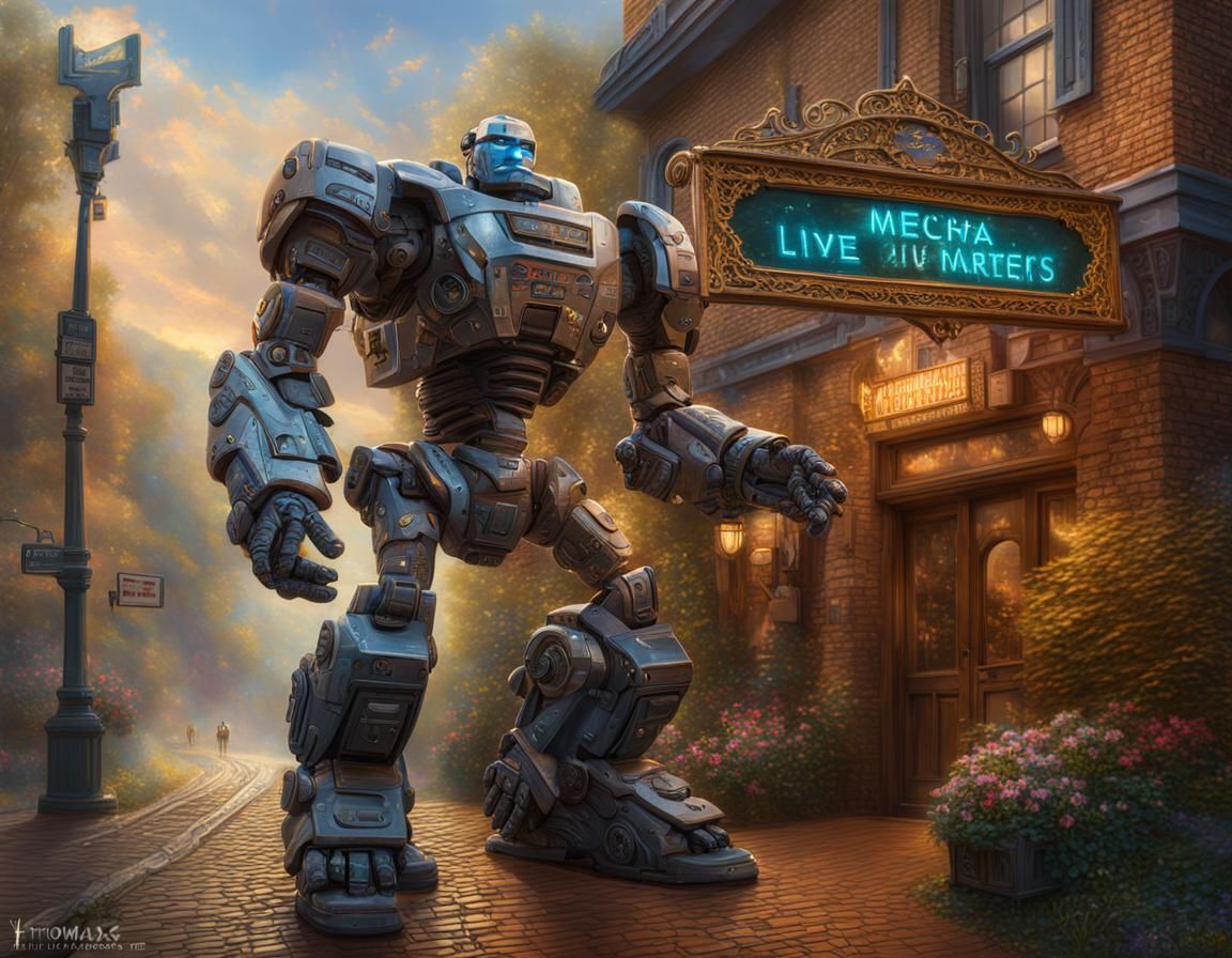 The humanoid mecha holds a signpost that reads, "mecha live matters ...