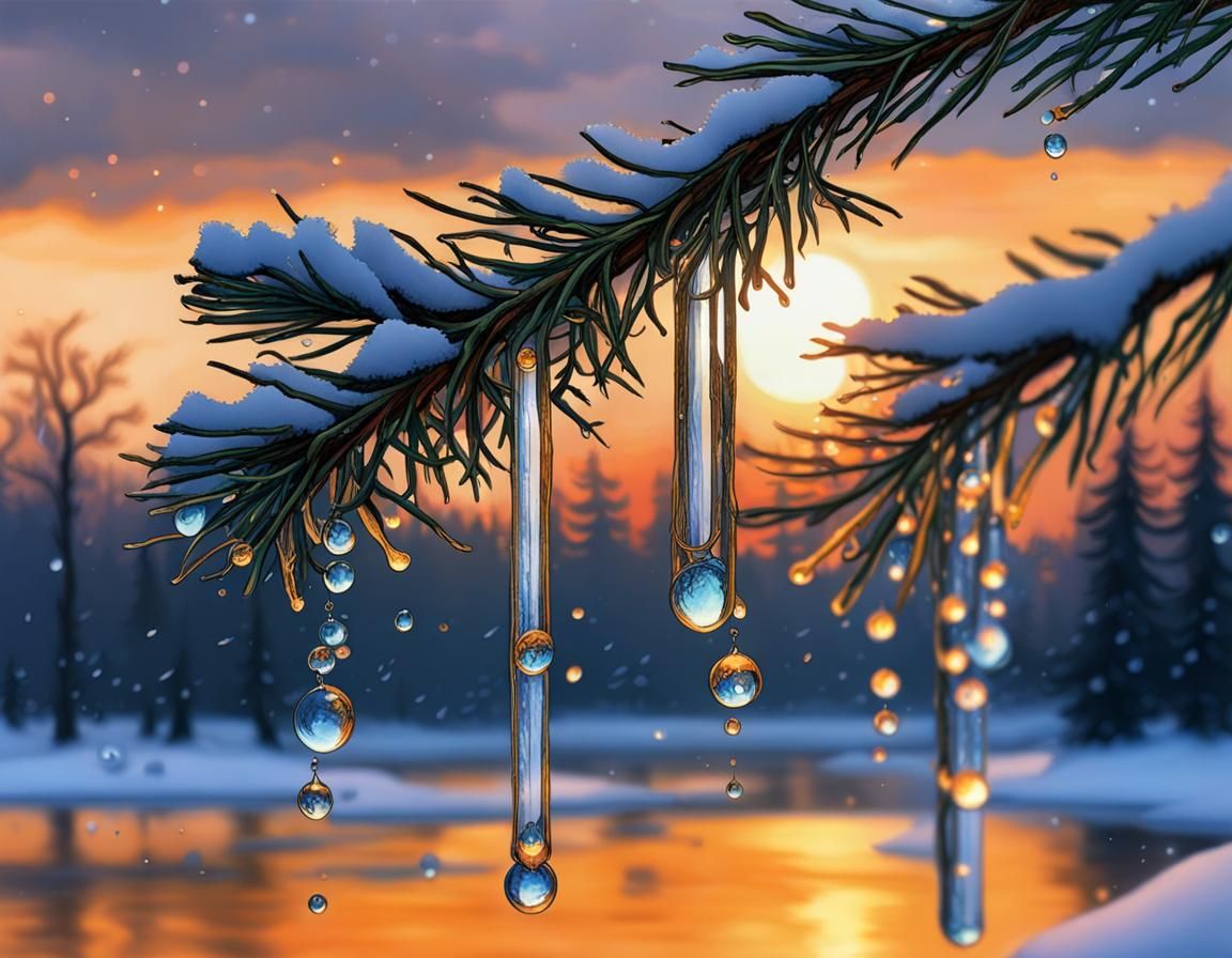 Pine branches, icicles - AI Generated Artwork - NightCafe Creator