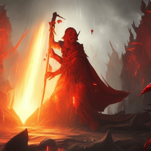 a blood mage battling a council of elemental wizards. make the image ...