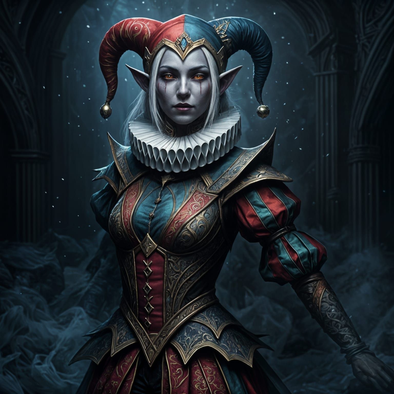 Ethereal Drow Jester in Whimsical Fantasy Realm - AI Art