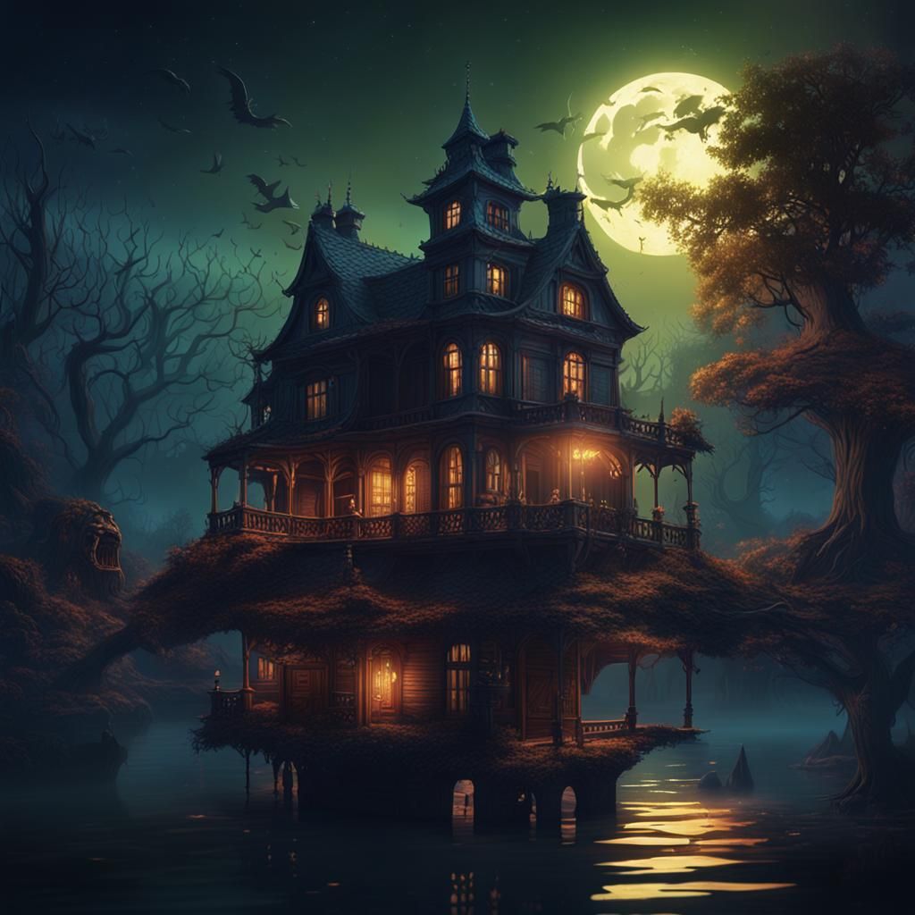 Haunted house by a lake at night in 1970s - AI Generated Artwork ...