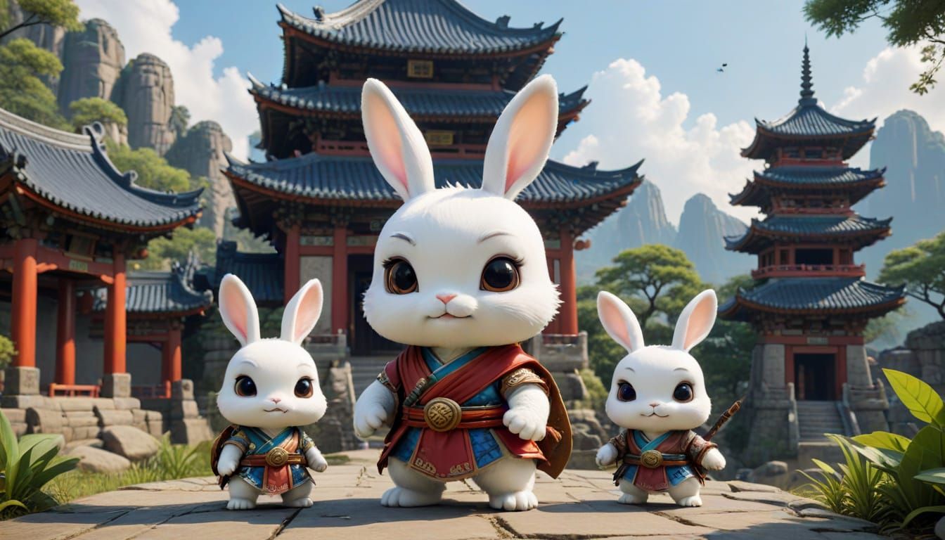two cute chibi rabbit turtle hybrids set out on an adventure in a wuxia ...