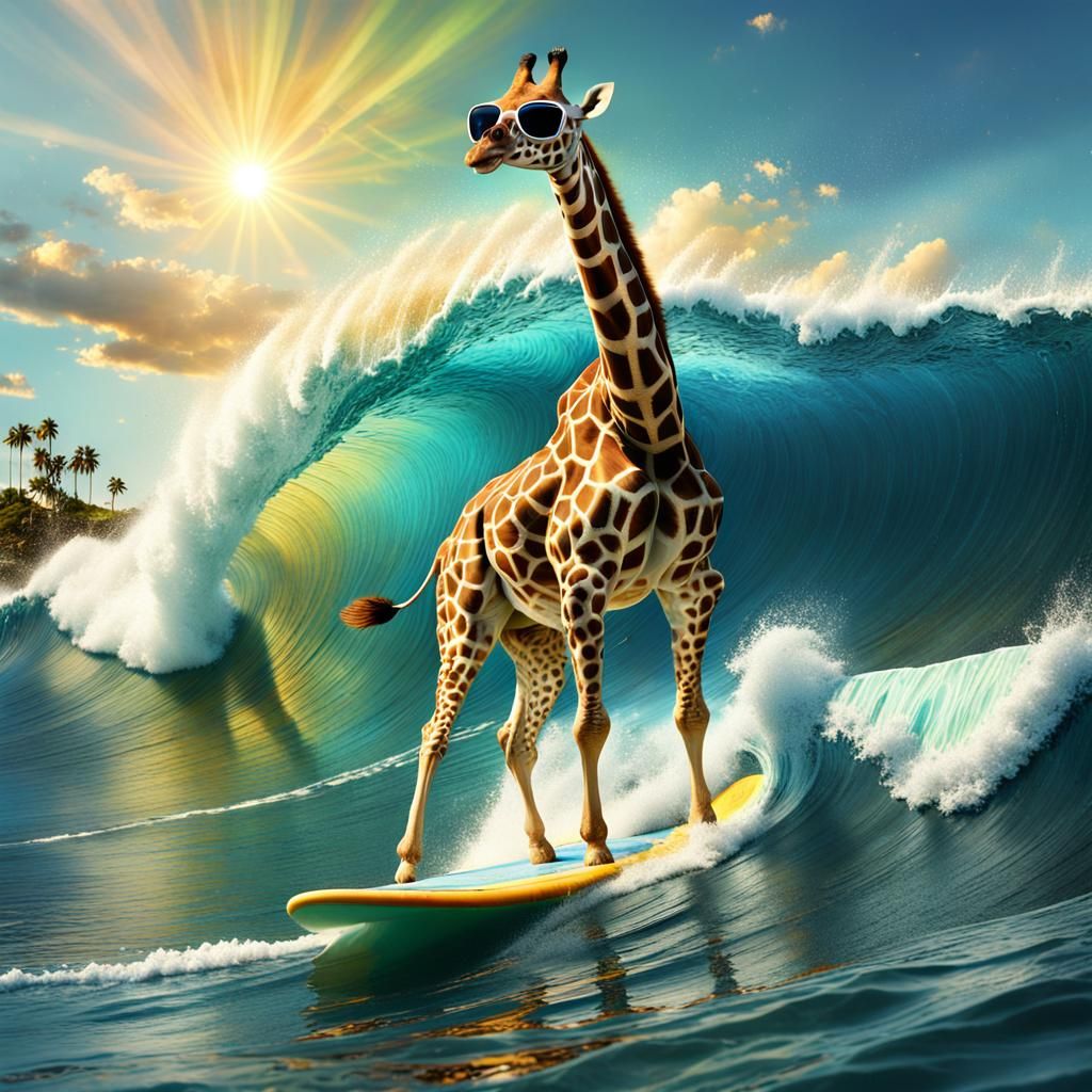 Safari Hawaiano - A Giraffe Rides a Giant Wave in a Vibrant,...