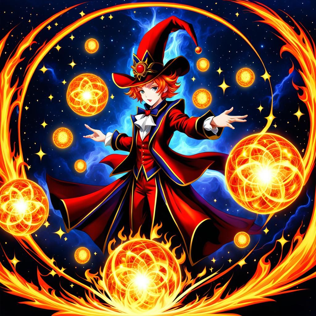 Jester magician:: performing magical spells with orbs of fire::fractal::fiery:: - AI Generated ...