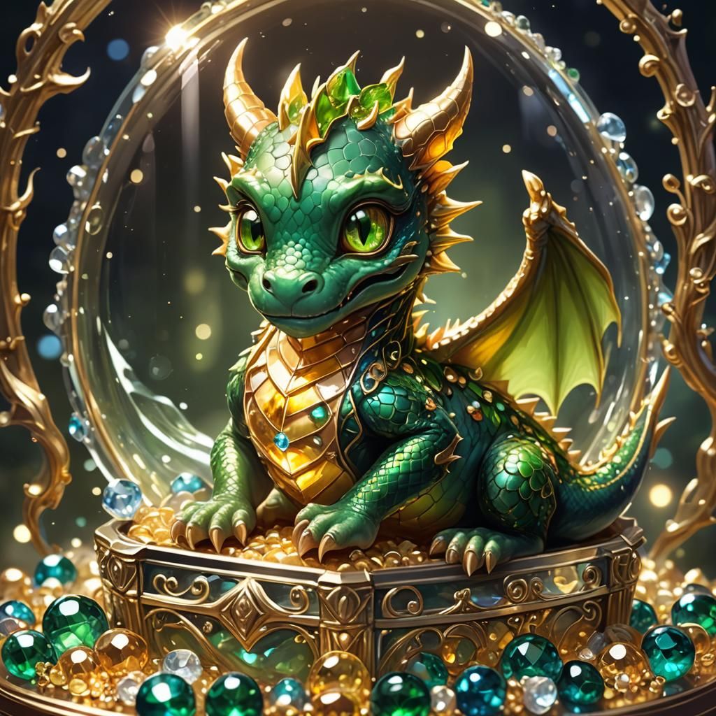Illustration of A cute miniature baby dragon sitting in a glass jewelry ...