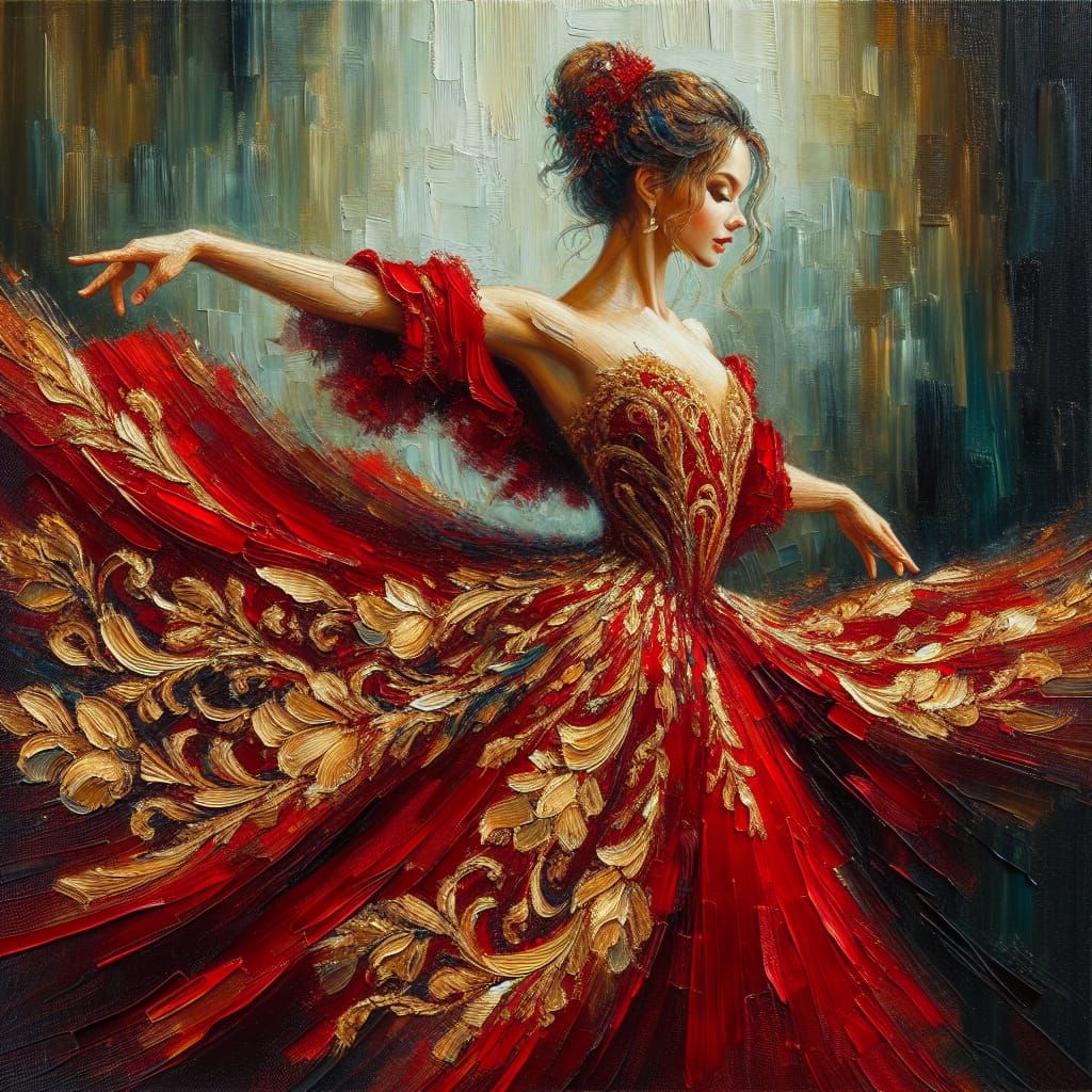 Red Flaming Dancer - Classical Red Ballerina in Impasto Oil...