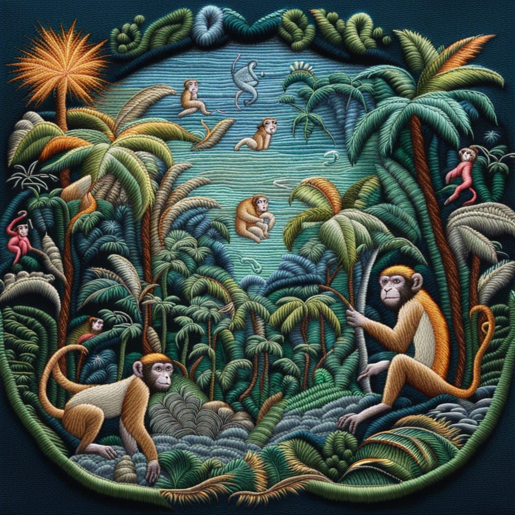 Thread embroidered jungle with monkeys , beautiful, surreal, fantasy ...