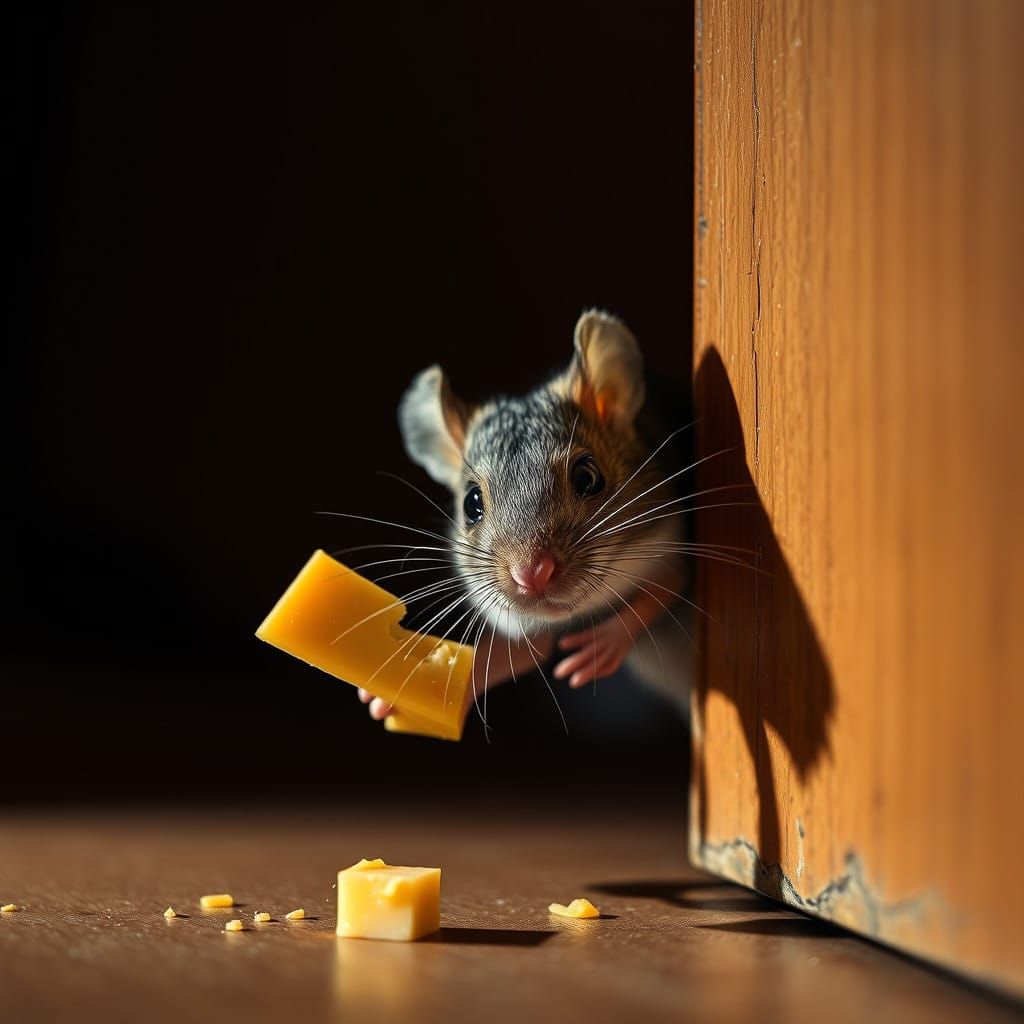 Mouse Shadow Reaches for Cheese in a Close-Up Port... - AI Art