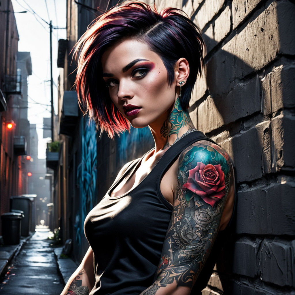 A low-angle shot of a stunning brunette punk girl, her bold features ...