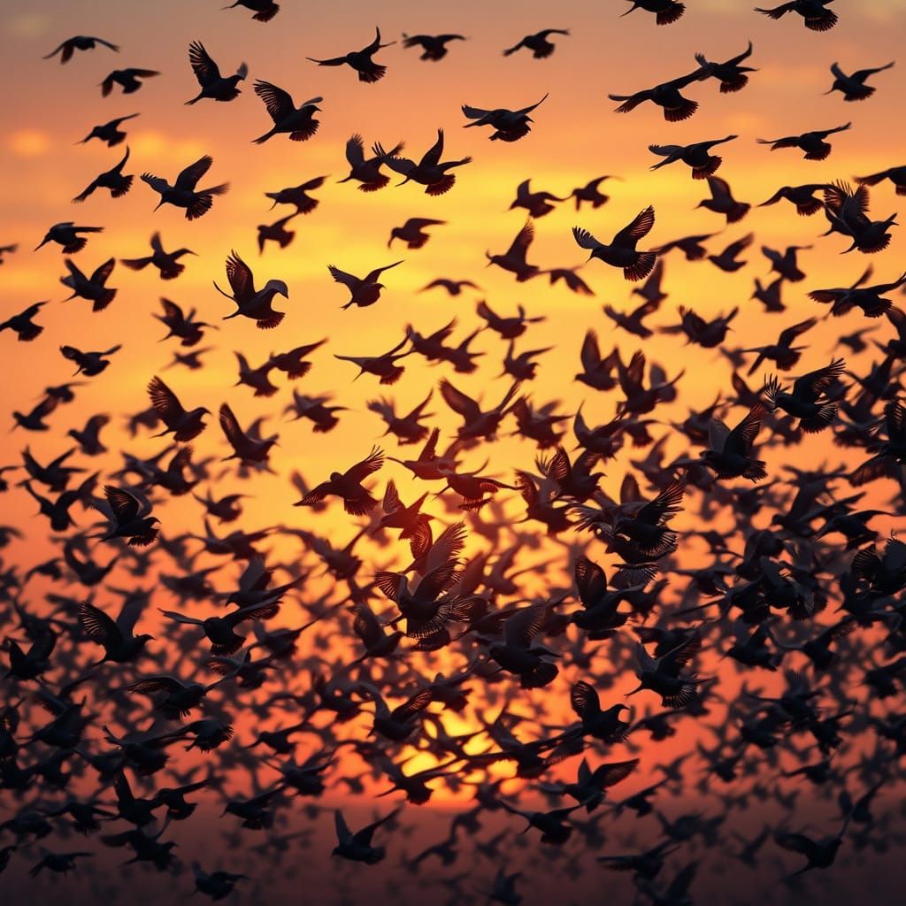 Migrating flock of birds in the sunset