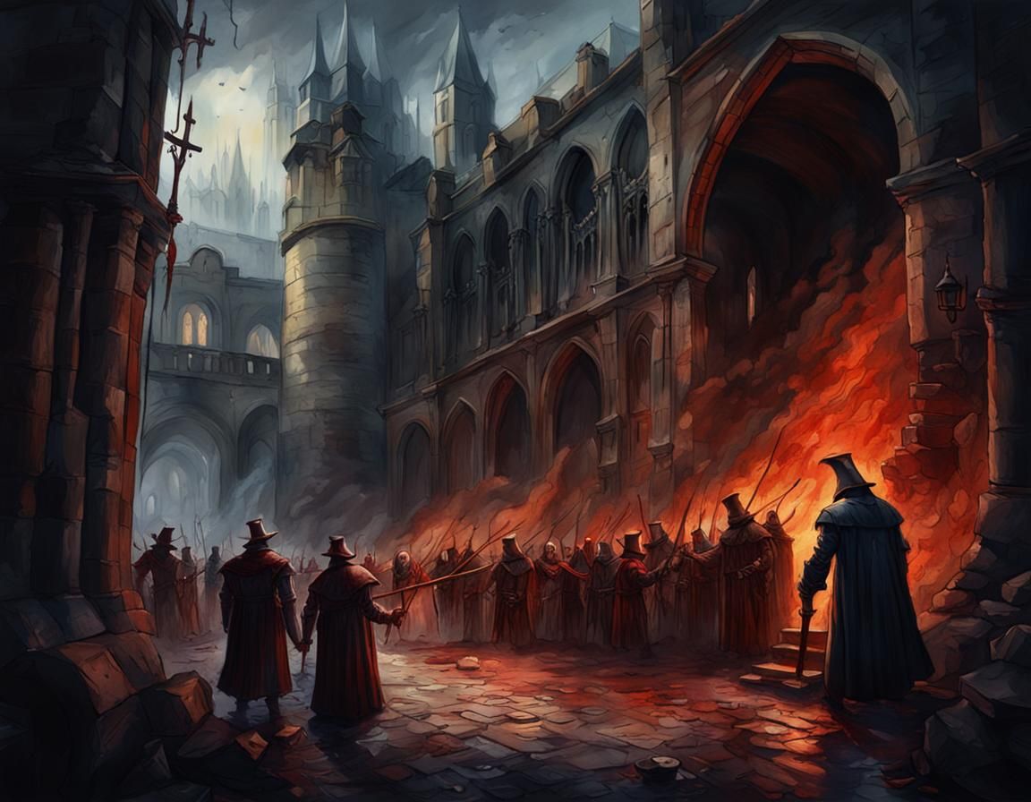 water-colour painting depicting the horror of the french inquisition ...