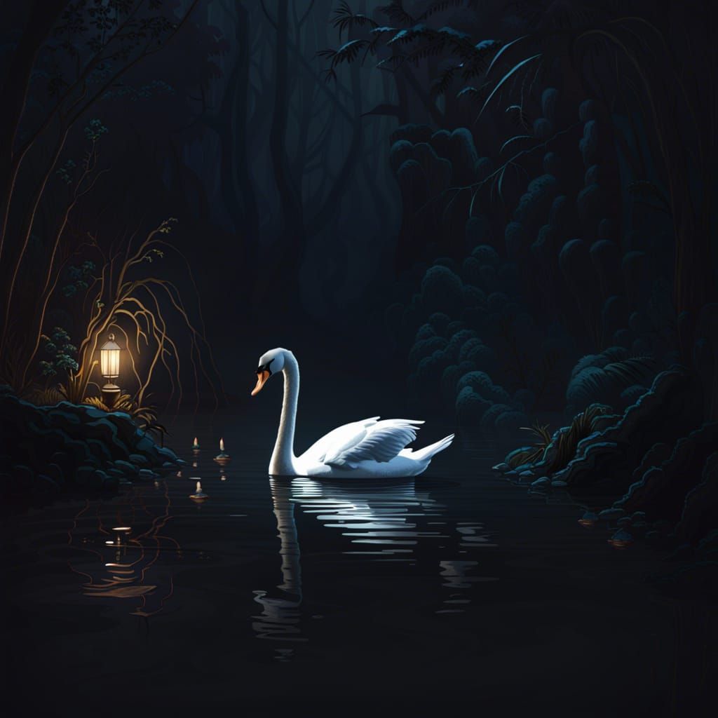 A swan in the middle of an eerie dark pond - AI Generated Artwork ...
