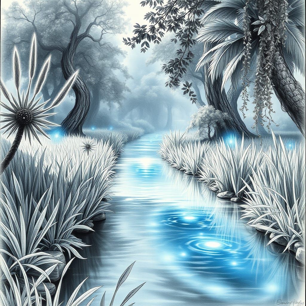 Irrigation Ditch - Surreal Dichromatic Pencil Art of an Ethe...