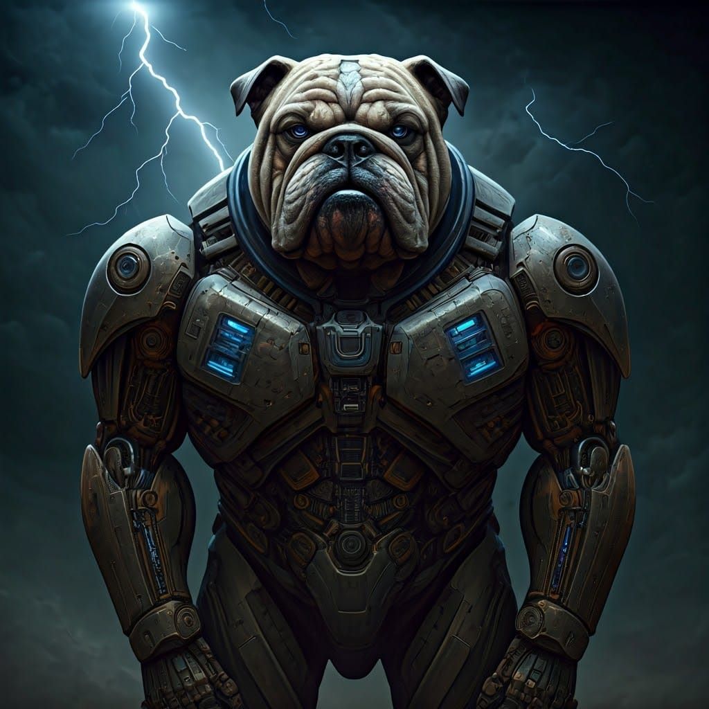 Menacing Robot Bulldog Stands Amidst Stormy Futuri... - AI Art