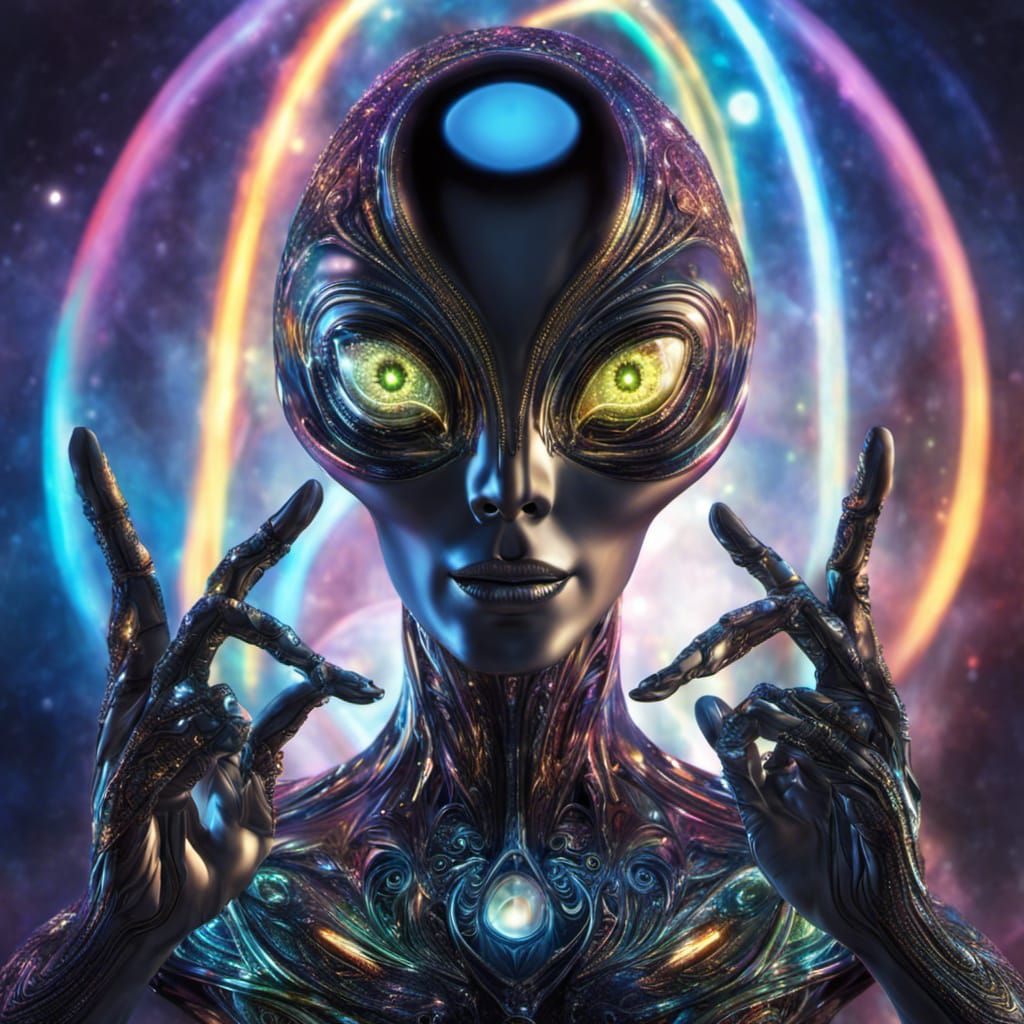Mesmerizing digital art masterpiece of a ghostly, ethereal, grey alien with luminescent eyes and ...