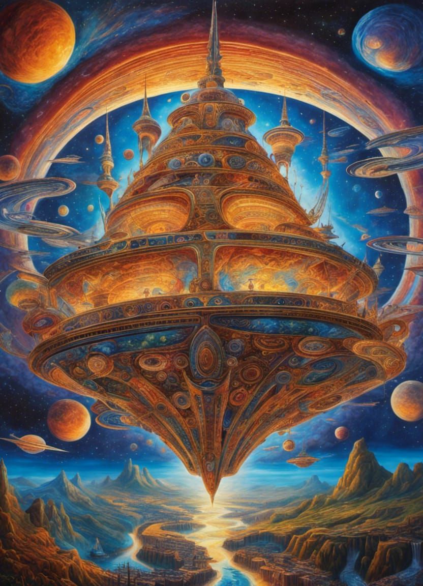 Multi-dimensional 3D sky-boat-starship with many windows lit up within ...