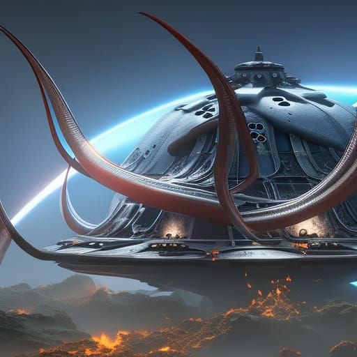 Octopus in space lit like a fire fly hyper realistic geiger skeletal ...