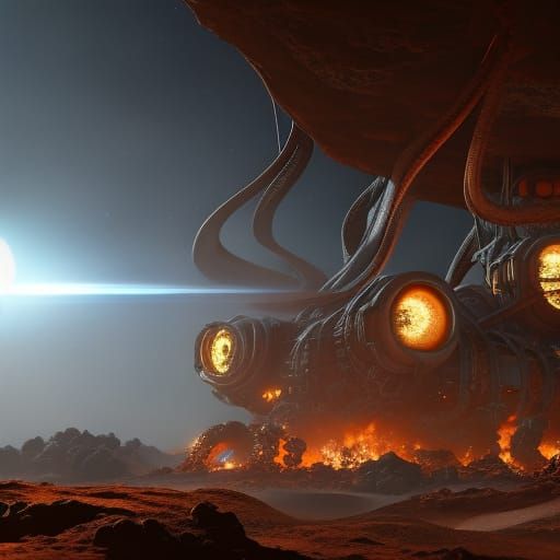 Octopus in space lit like a fire fly hyper realistic geiger skeletal ...