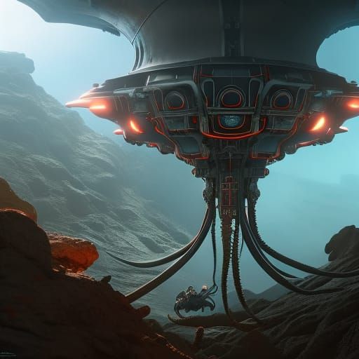 Octopus in space lit like a fire fly hyper realistic geiger skeletal ...