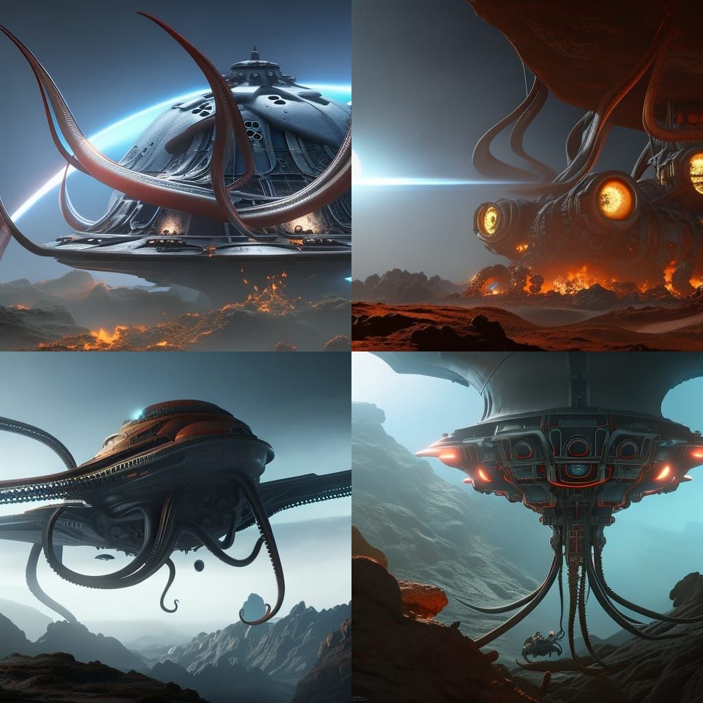 Octopus in space lit like a fire fly hyper realistic geiger skeletal ...