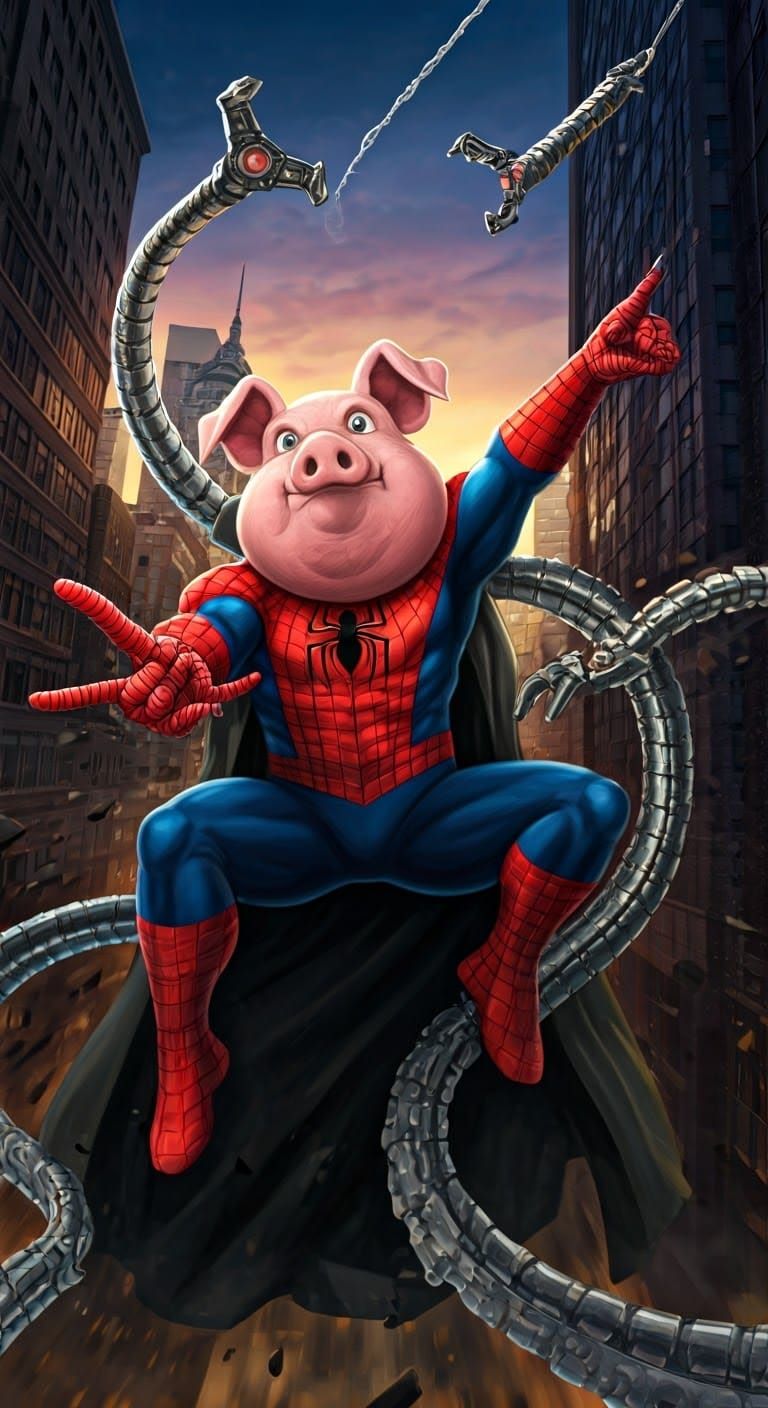 Heroic Pig in Spider-Man Costume Battles Doctor Oc... - AI Art